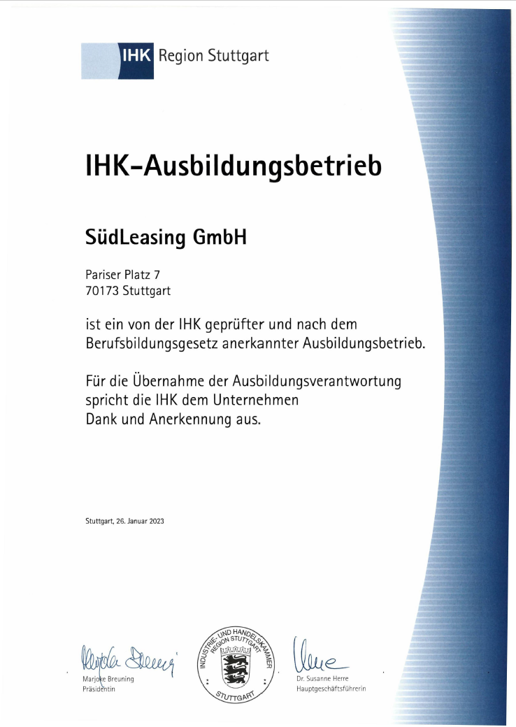 Wir sind IHK-Ausbildungsbetrieb. | SüdLeasing GmbH